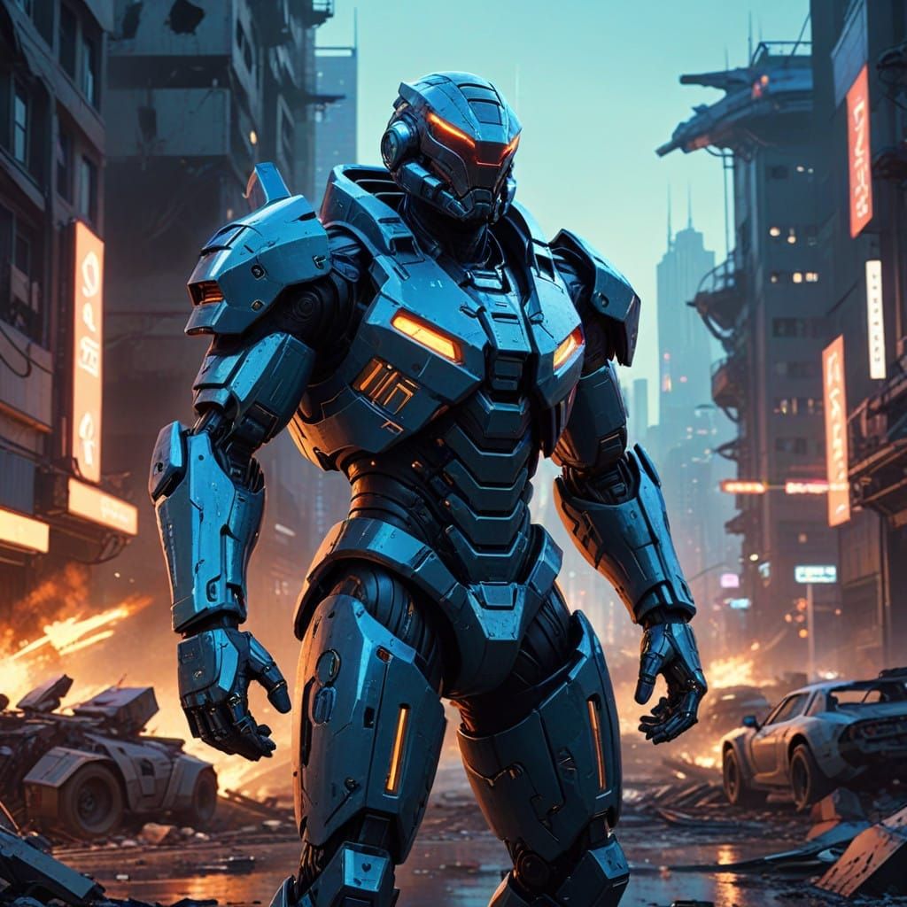 Cyberpunk War Machine in Futuristic Battle Stance - AI Art
