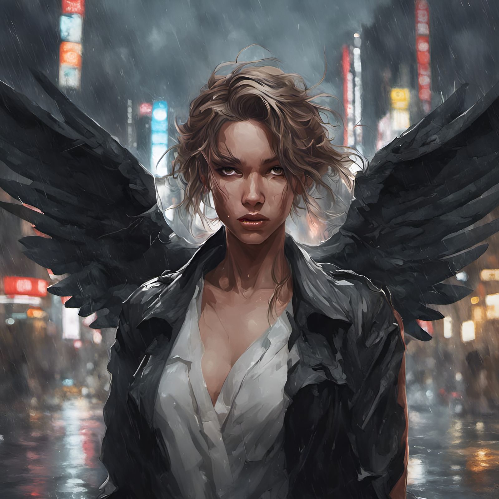 A beautiful fallen angel standing in the streets of tokyo during a rain ...