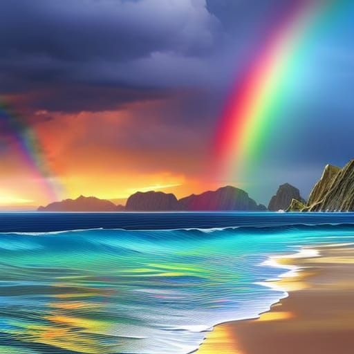 Rainbow Rainbow Rainbow over the sea at paradise beach hyperdetailed ...