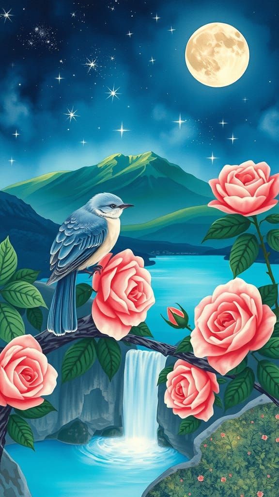 Ethereal Bird in Pink Roses, Night Sky, Watercolor - AI Art