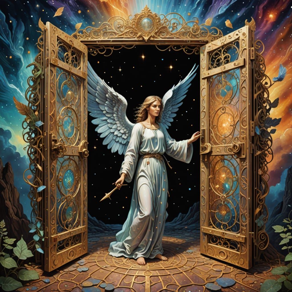 Angel Unfolds Cosmic Doorway to Higher Realms - AI Art