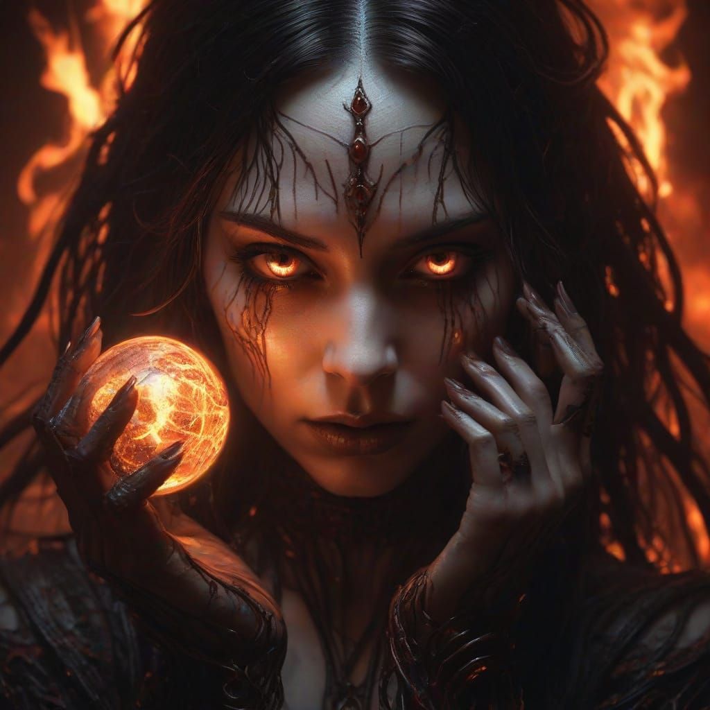 A demonic priestess with an ethereal glowing orb
