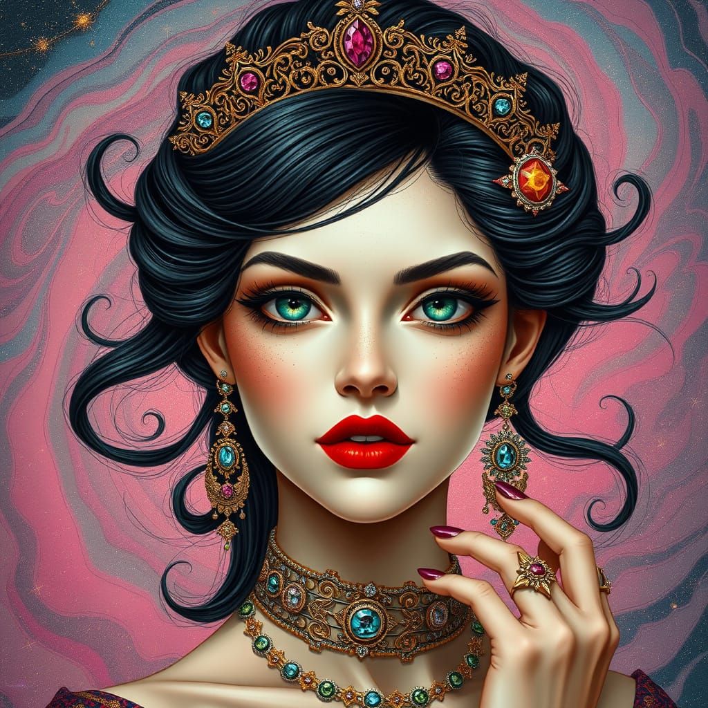 a surrealist portrait of a stunning woman, where opulence and mystique ...