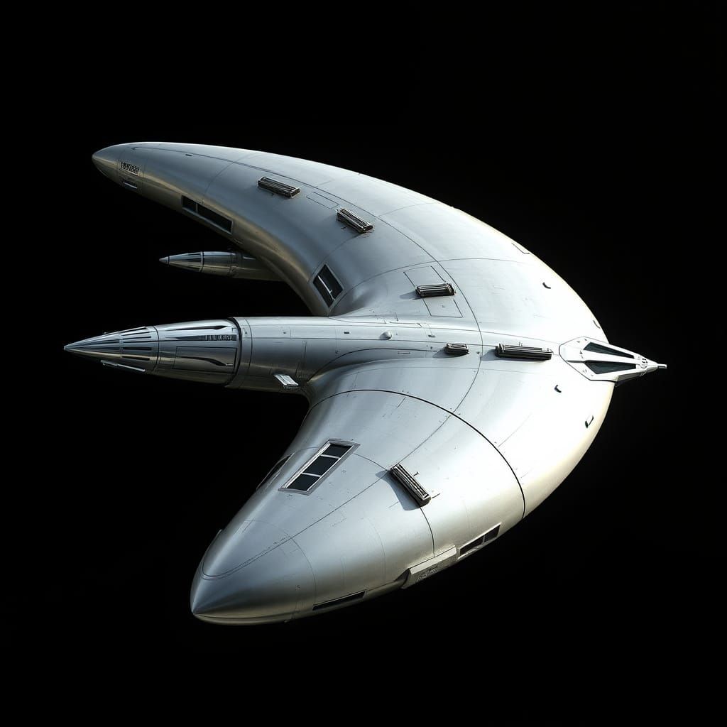 cigar shaped space colony ship streamlined, smooth, sleek, no protrusions in the shiny silver hull