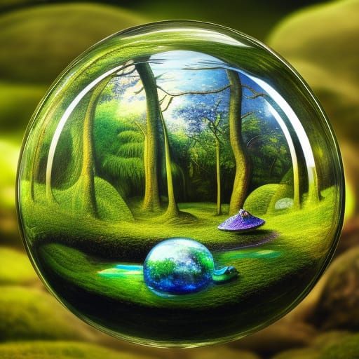 magic glass sphere lying on moss in a forest. inside a surreal frog ...