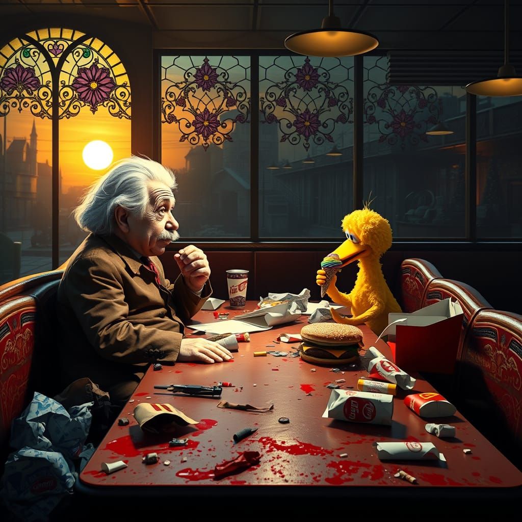Surreal Albert Einstein in McDonald's, Eating Big ... - AI Art