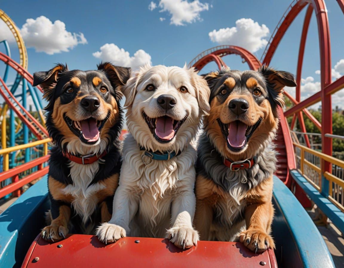 Three excited dogs of different breeds on a roller coaster, captured in ...