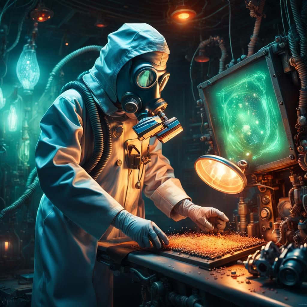 A mad scientist in a secret underground laboratory, surrounded by ...