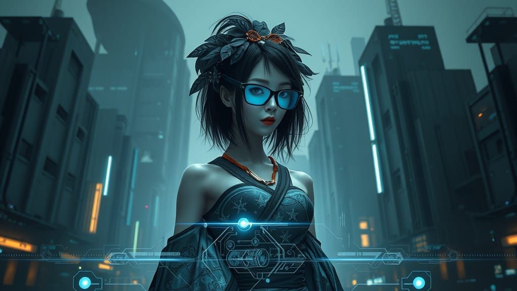 Cyborg Geisha in Dark, Biomechanical Cityscape - AI Art