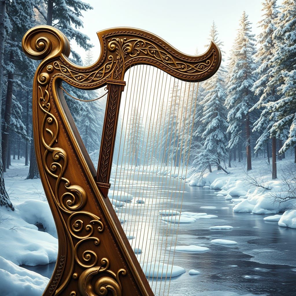 Ancient Irish Harp in Winter Wonderland, Celtic Sy... - AI Art