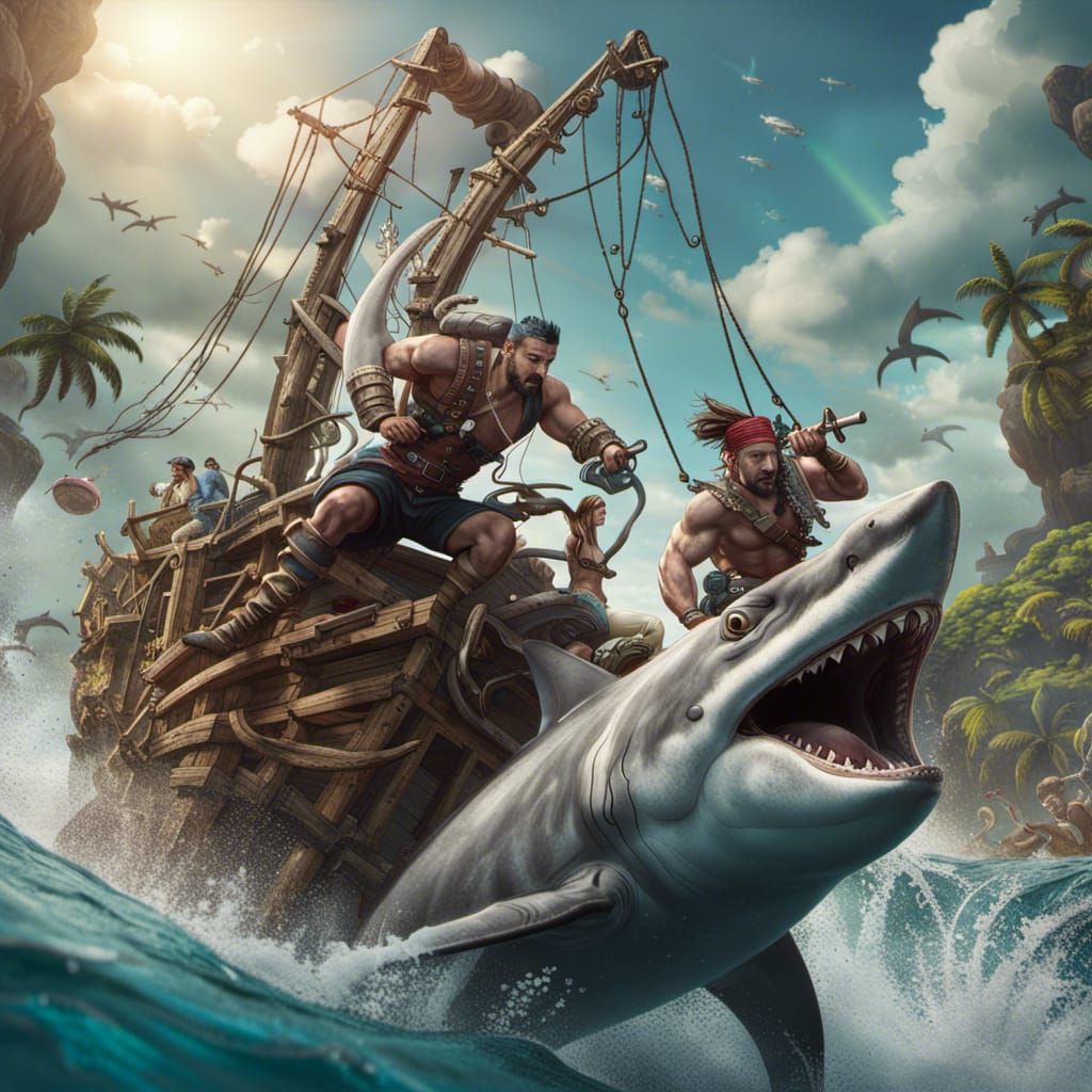 Pirate body builders riding dolphins and sharks - AI Generated Artwork ...