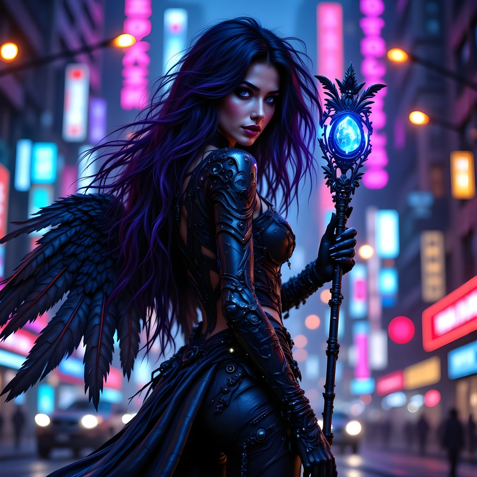 Cyberpunk Raven: Enigmatic Figure in Neon-Lit City - AI Art