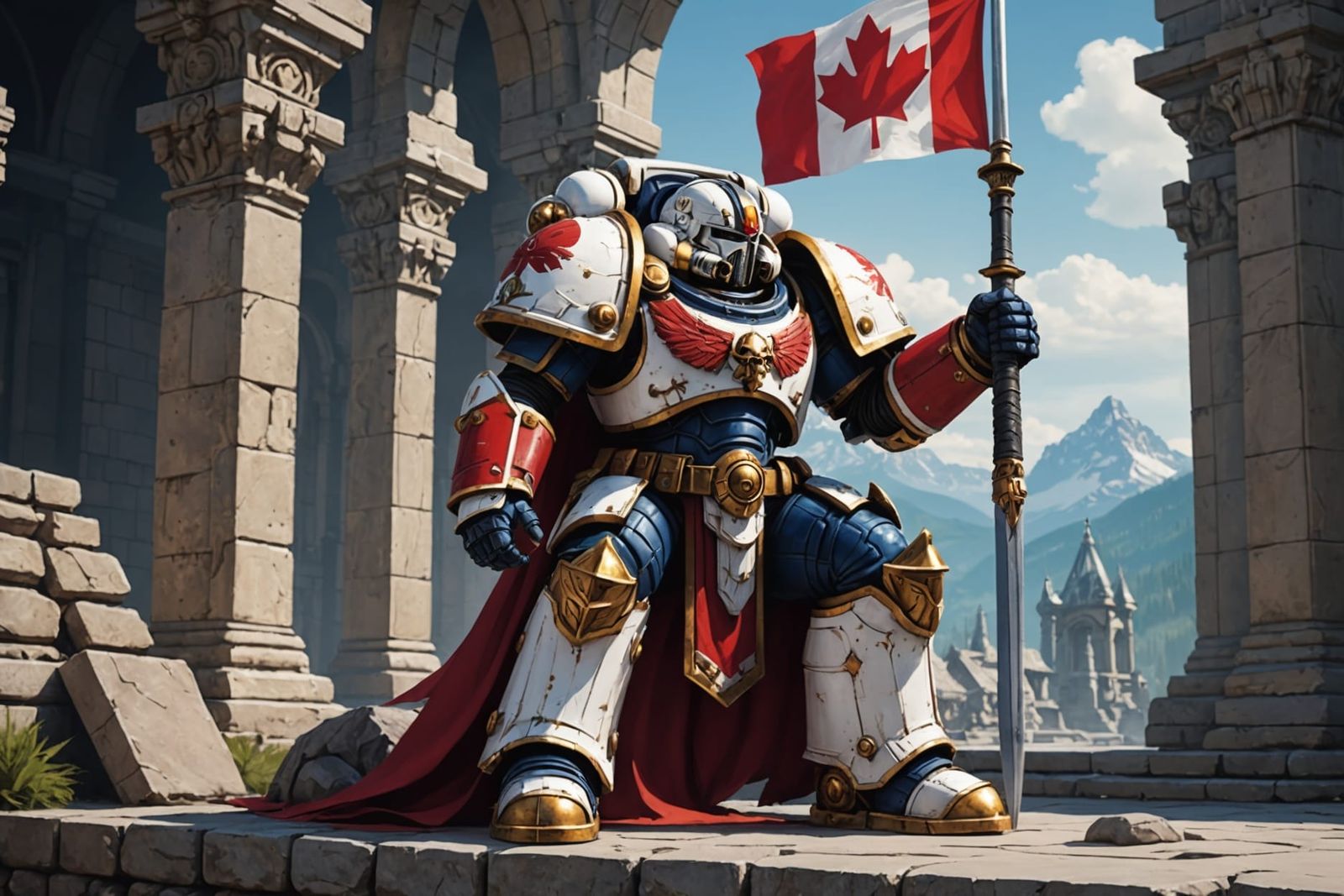 Warhammer 40k space marine in white and red armour siting on a stone ...