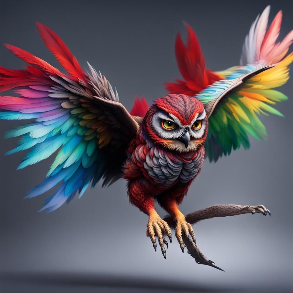 teen age mutant ninja owl with Gazer eyes ,ruby red, flying through air ...