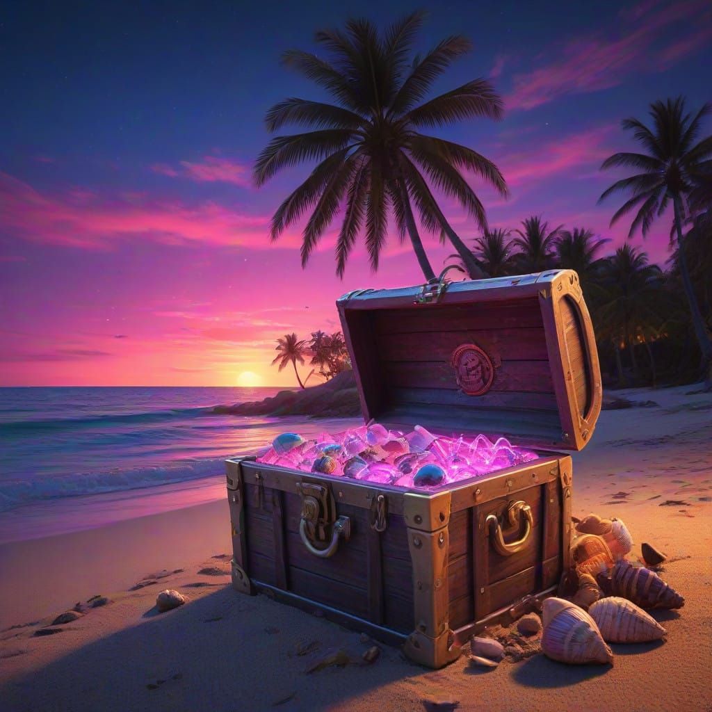 on the beach there is a treasure chest, an open shell with a pearl ...