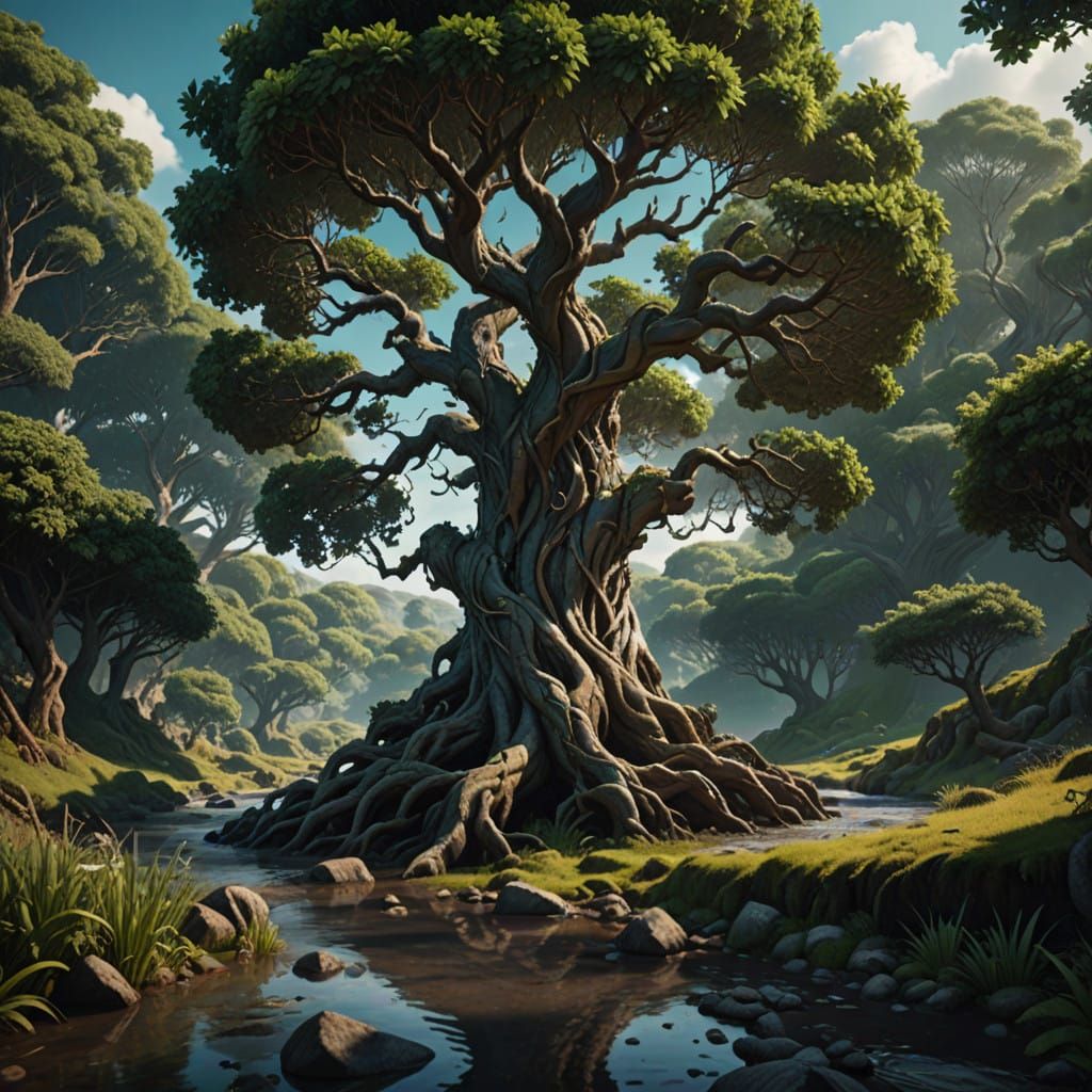 Twisted Bay Tree Amongst Verdant Forest Glade - AI Art