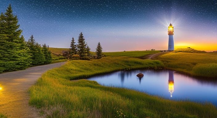 Ultrarealistic lit lighthouse and Starscape in the style of Thomas ...