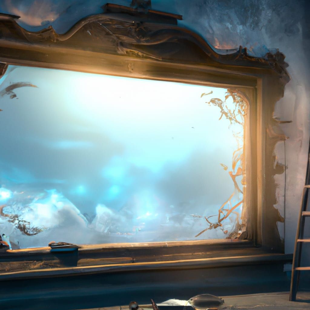 A mirror in an empty attic that leads to a fantasy world detailed matte ...