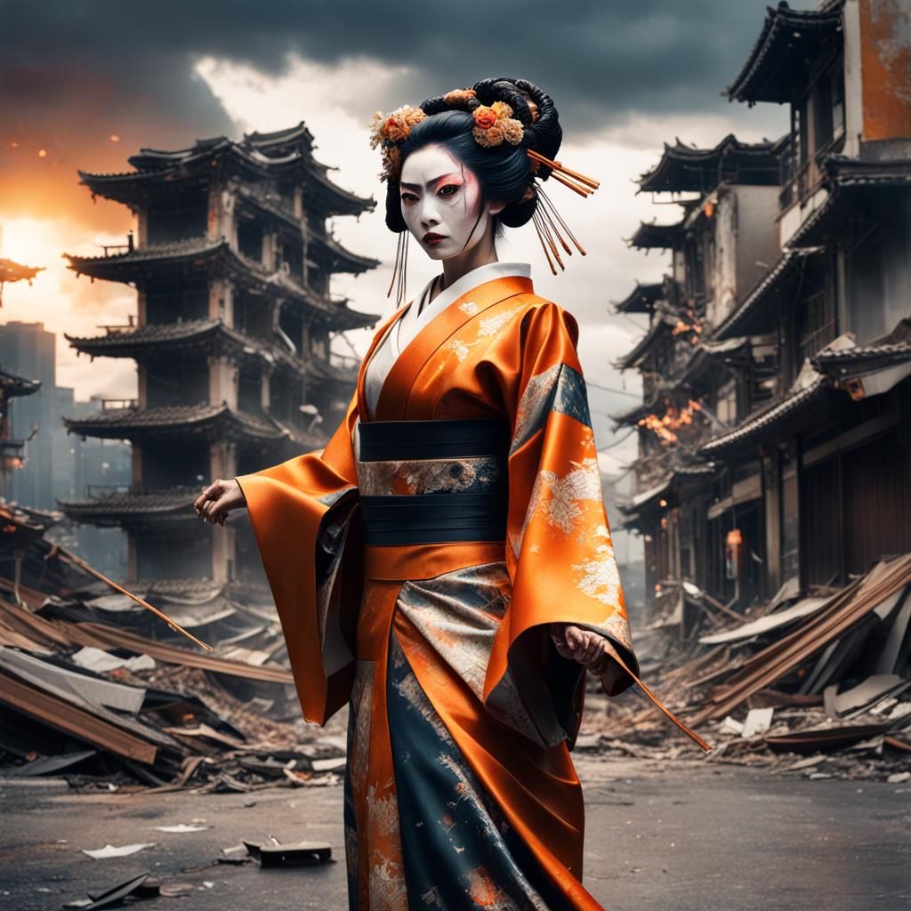 Hyperrealistic action shot of Geisha Female suit with destroyed urban ...