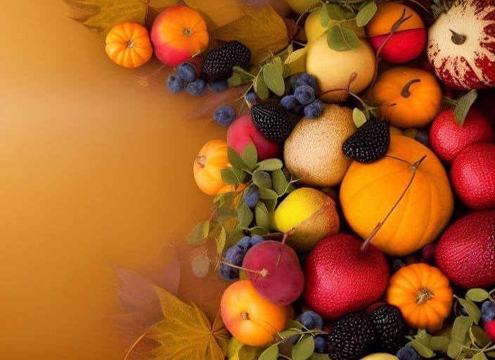 cornucopia, fruit, berries, thanksgiving, falling leaves, misty, foggy ...