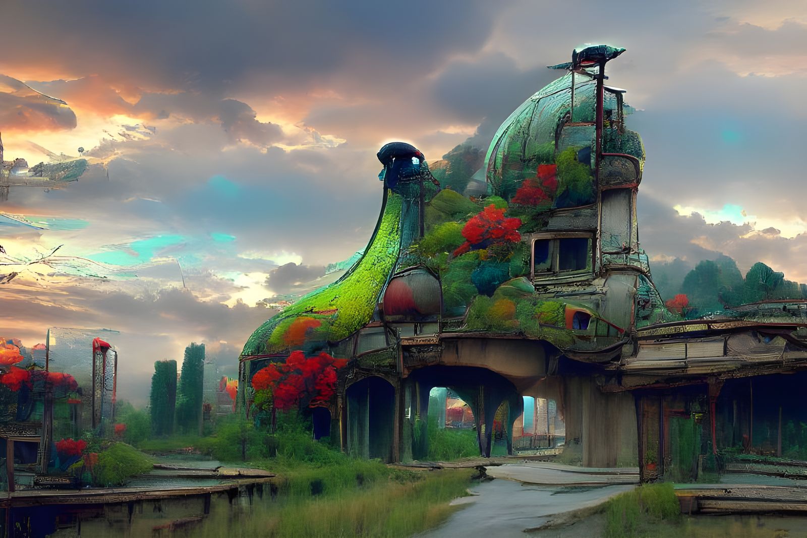 Nature reclaims an abandoned sci-fi city IV - AI Generated Artwork ...