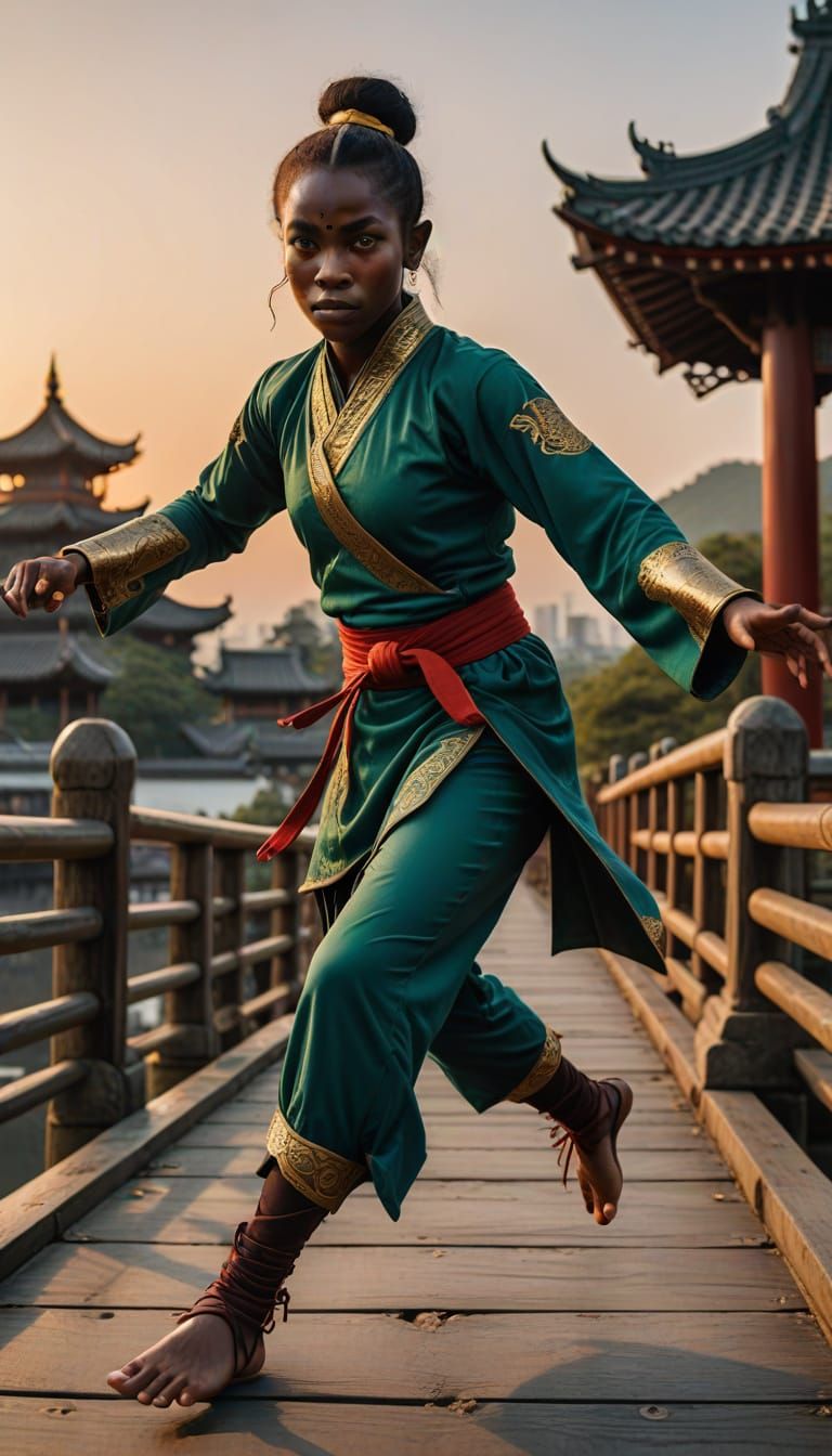 Dark Skinned Female Elf in Kung Fu Pose on Ancient... - AI Art