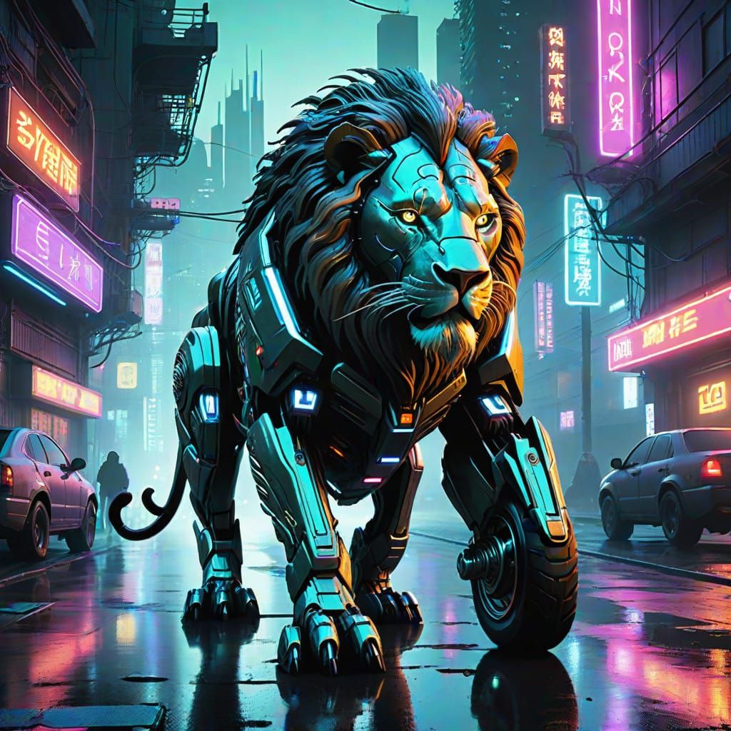 Cybernetic Lion Motorcycle Fusion in Dystopian Cit... - AI Art