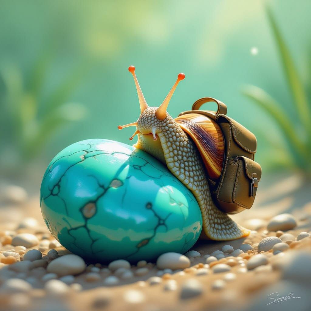 Curious Snail, peeping behind colorful pebble