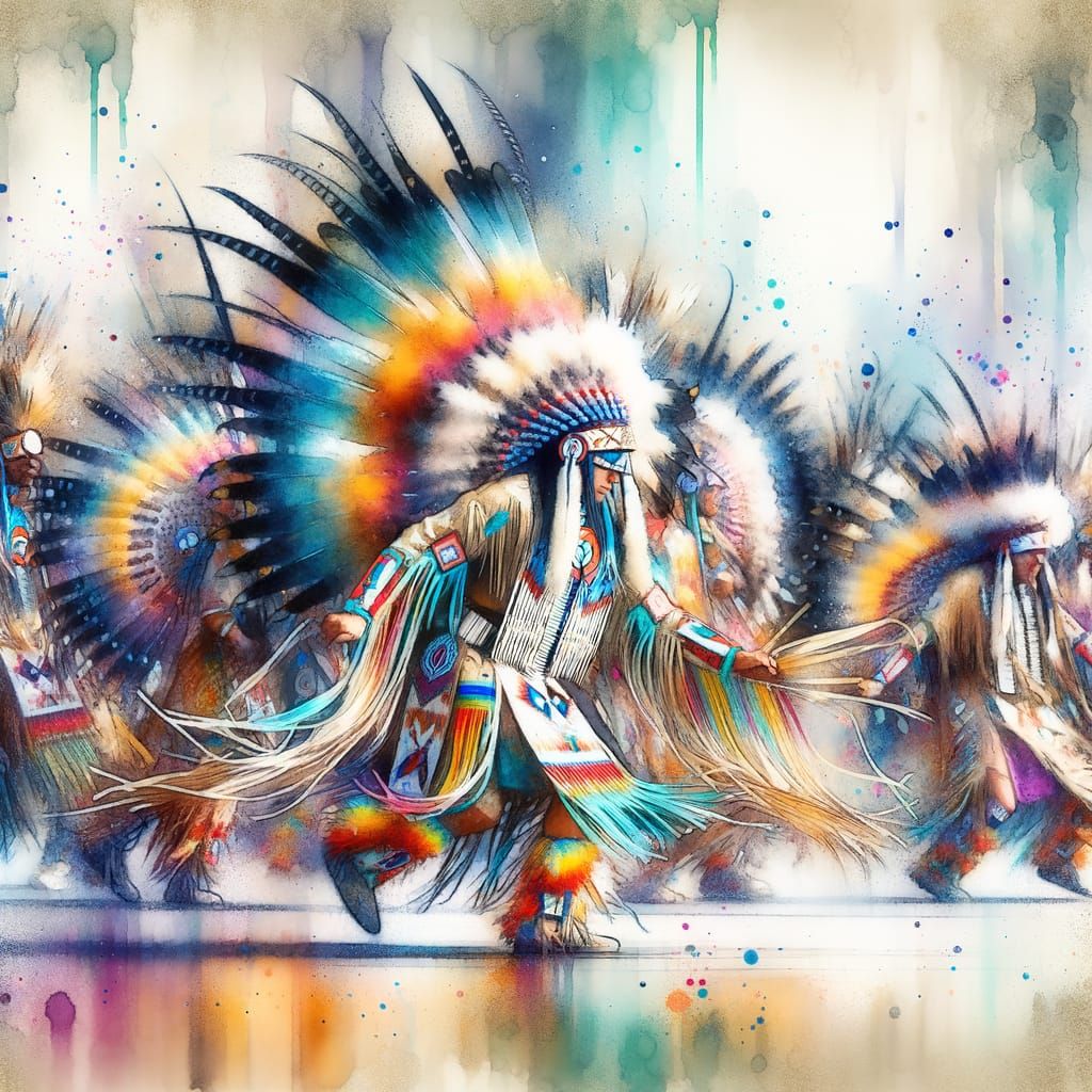 The Big Pow Wow - Vibrant PowWow Dance in Watercolor-Inspir...