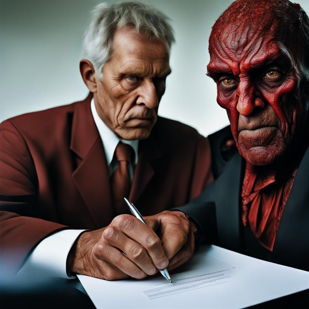 realistic HD photograph, watching over a mans shoulder as he signs a ...