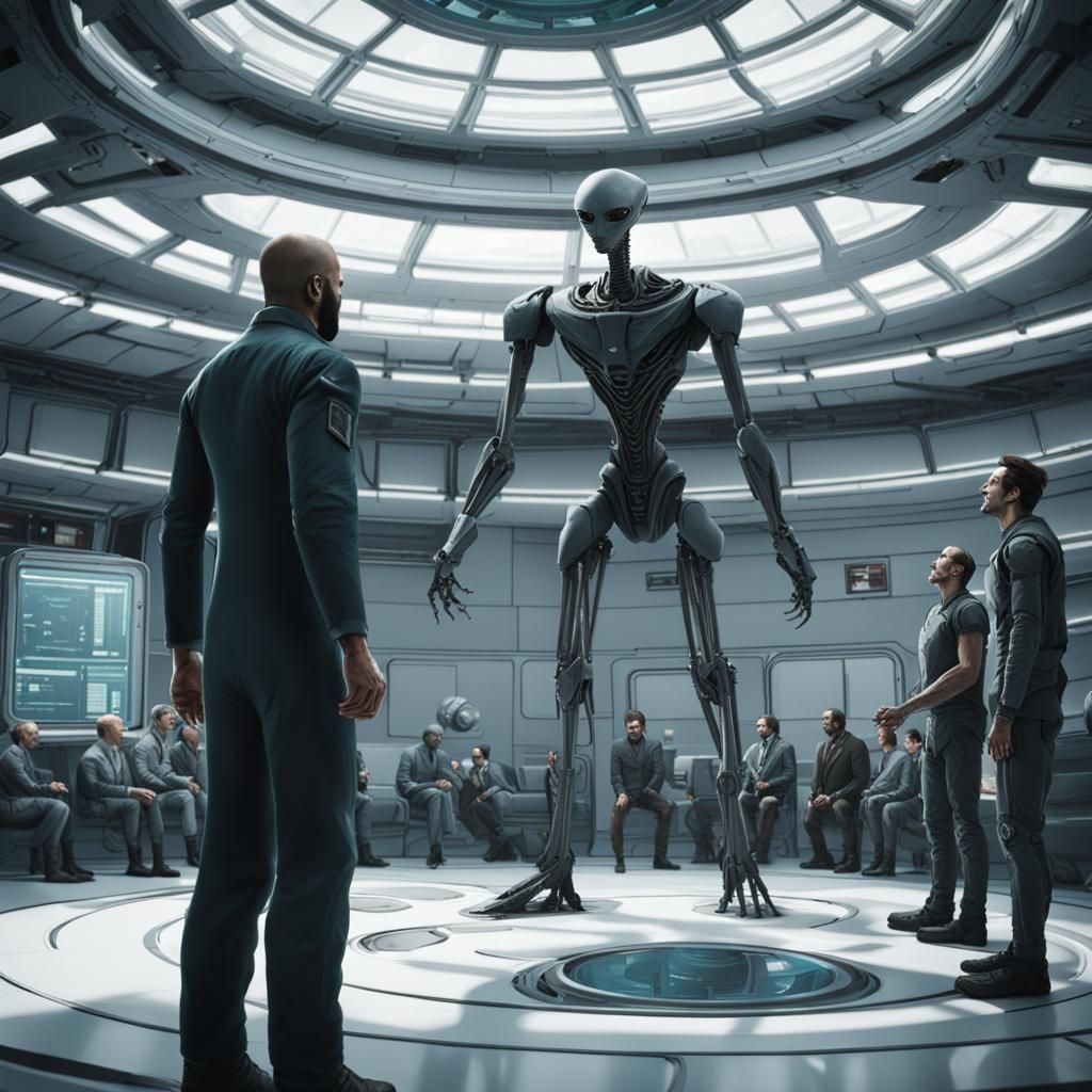 A man and a tall alien talk in a large circular meeting room on a space ...