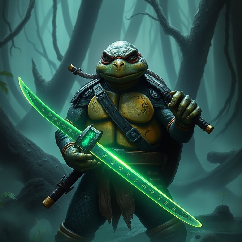 Mystical Ninja Turtle Warrior in Haunted Swamp Lan... - AI Art