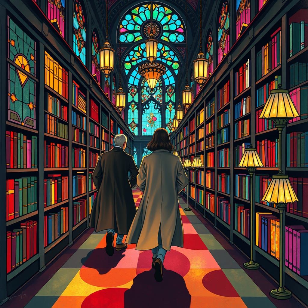 Imagine a grand library where the bookshelves are constructed from ...