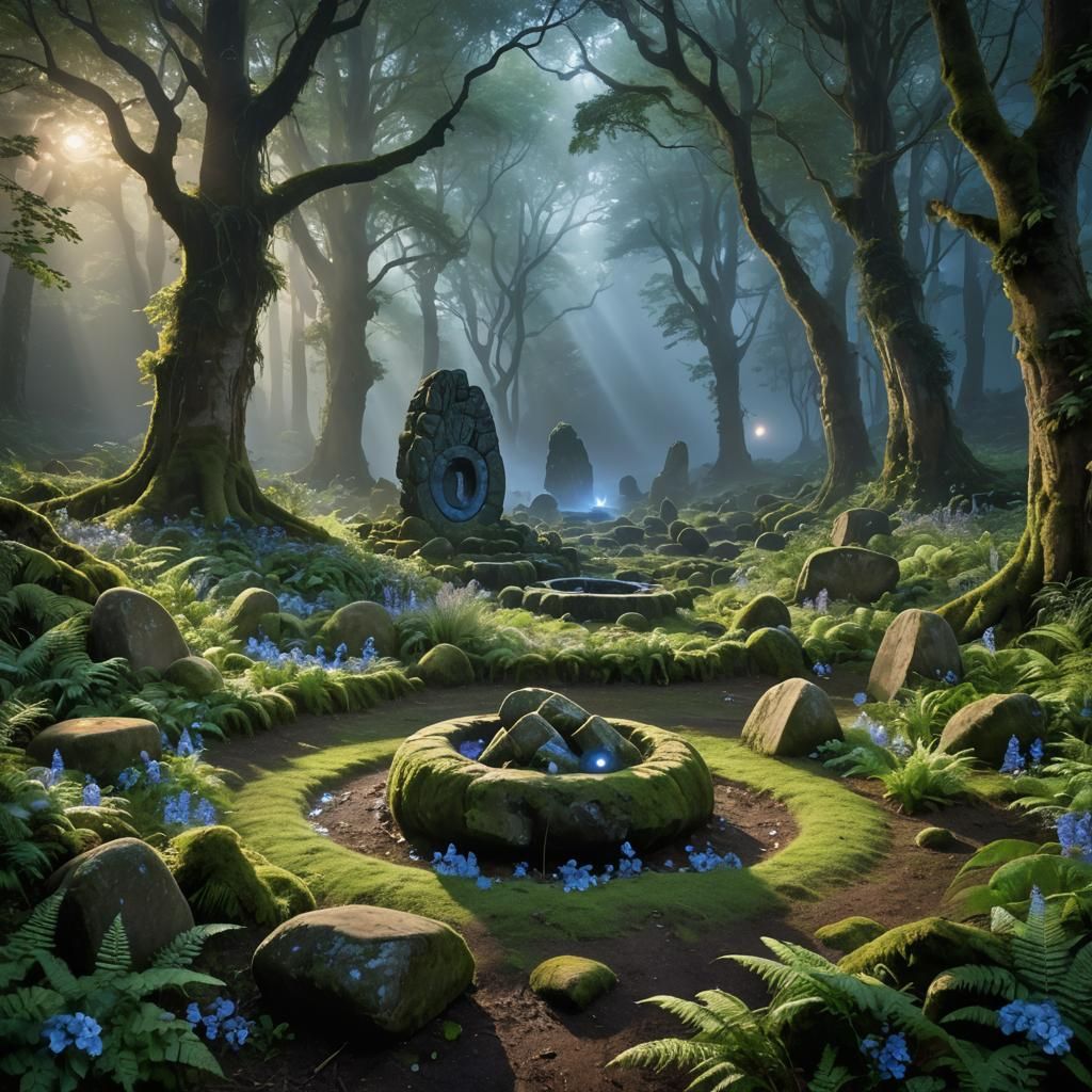 At the heart of an ancient, enchanted forest, a mystical stone circle ...