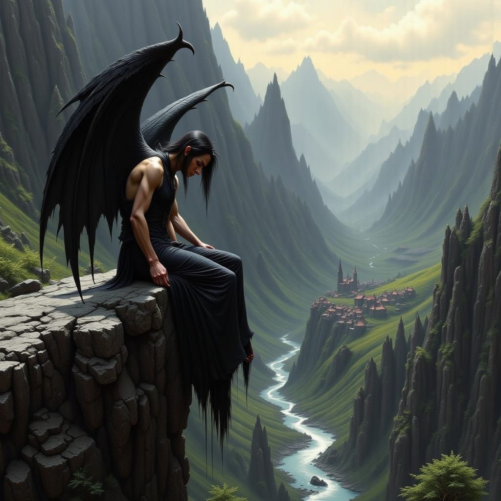 Lonely Demon on Cliff Edge - AI Art
