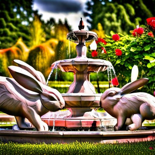 English rose garden with rabbits and a water fountain intricate details ...