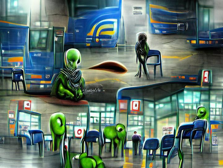 Alien waiting at a bus station - AI Generated Artwork - NightCafe Creator