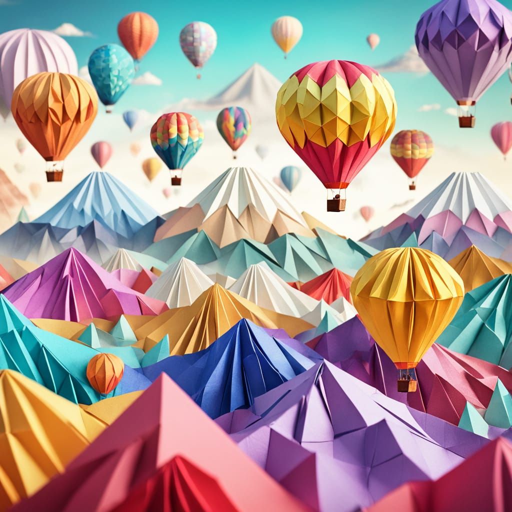Origami style: colorful volcano and hot air balloon
