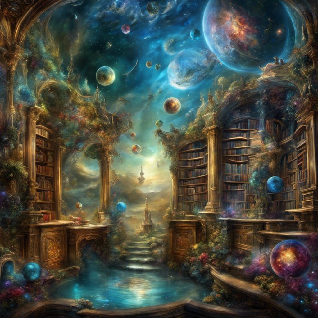 a beautiful fantastical bookcase with magical glittering books ...