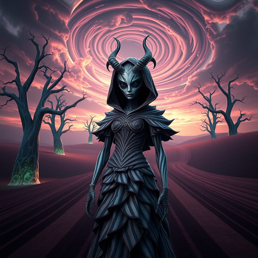Majestic Alien Goddess in Striped Regal Gown Amids... - AI Art Majestic Alien Goddess in Striped Regal Gown Amids... - AI Art