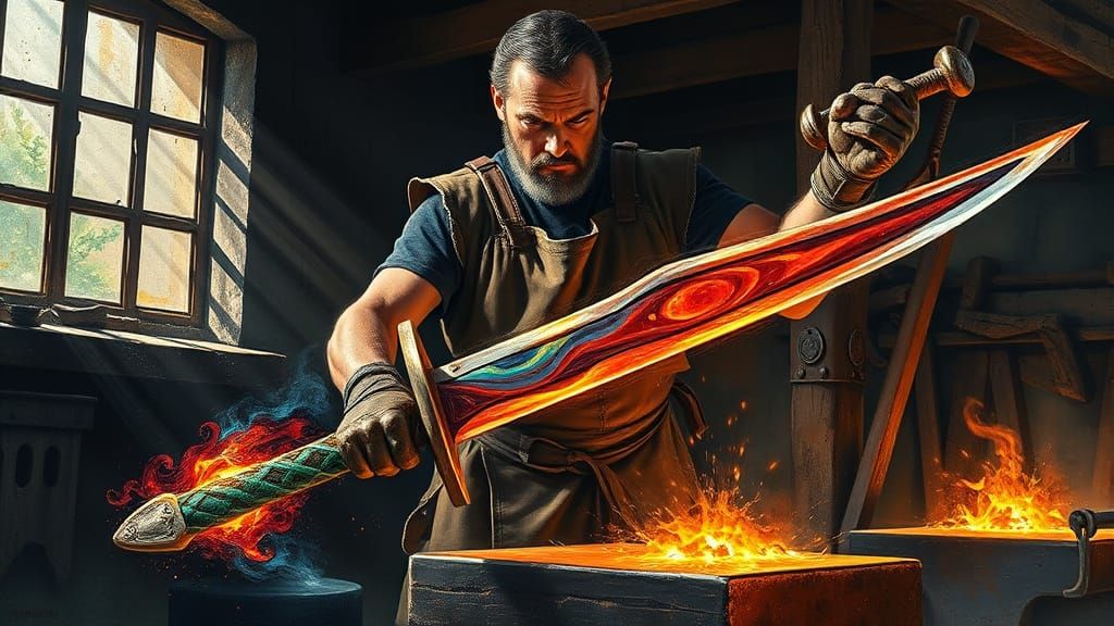 A stunning, cinematic photo illustration of a master blacksmith forging ...