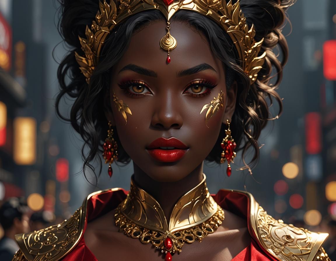 Dark skin l woman with red lips and gold makeup closeup - AI Generated ...