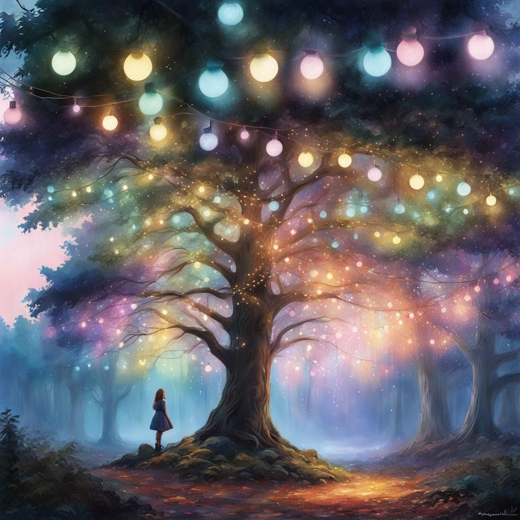 forest of lights - Whimsical Pastel Forest Illuminated by Fa...