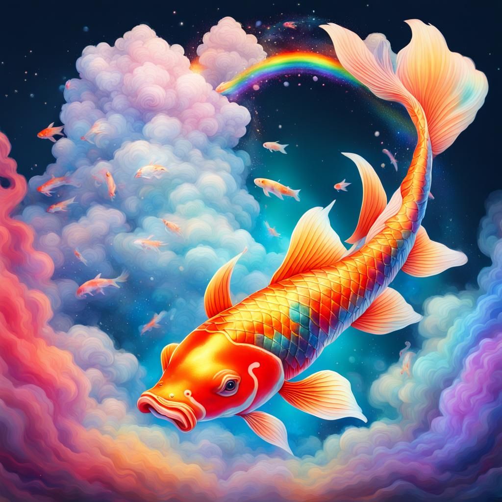 koi fish leaping majestically from a rainbow into a fluffy cloud - AI ...
