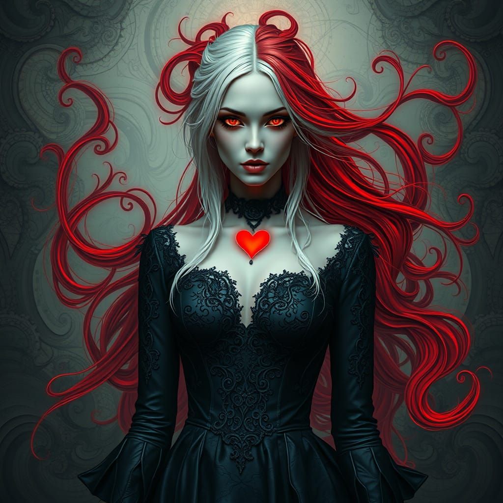 A statuesque, white-haired gothic woman, draped in a dark, lace-trimmed ...