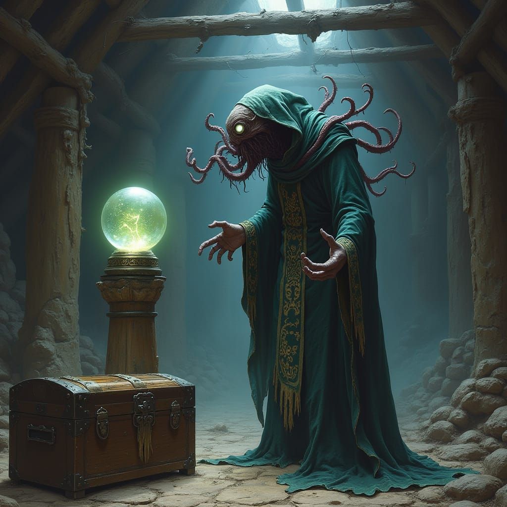 Mind Flayer in Dark Dungeon Chamber Peers into Cry... - AI Art