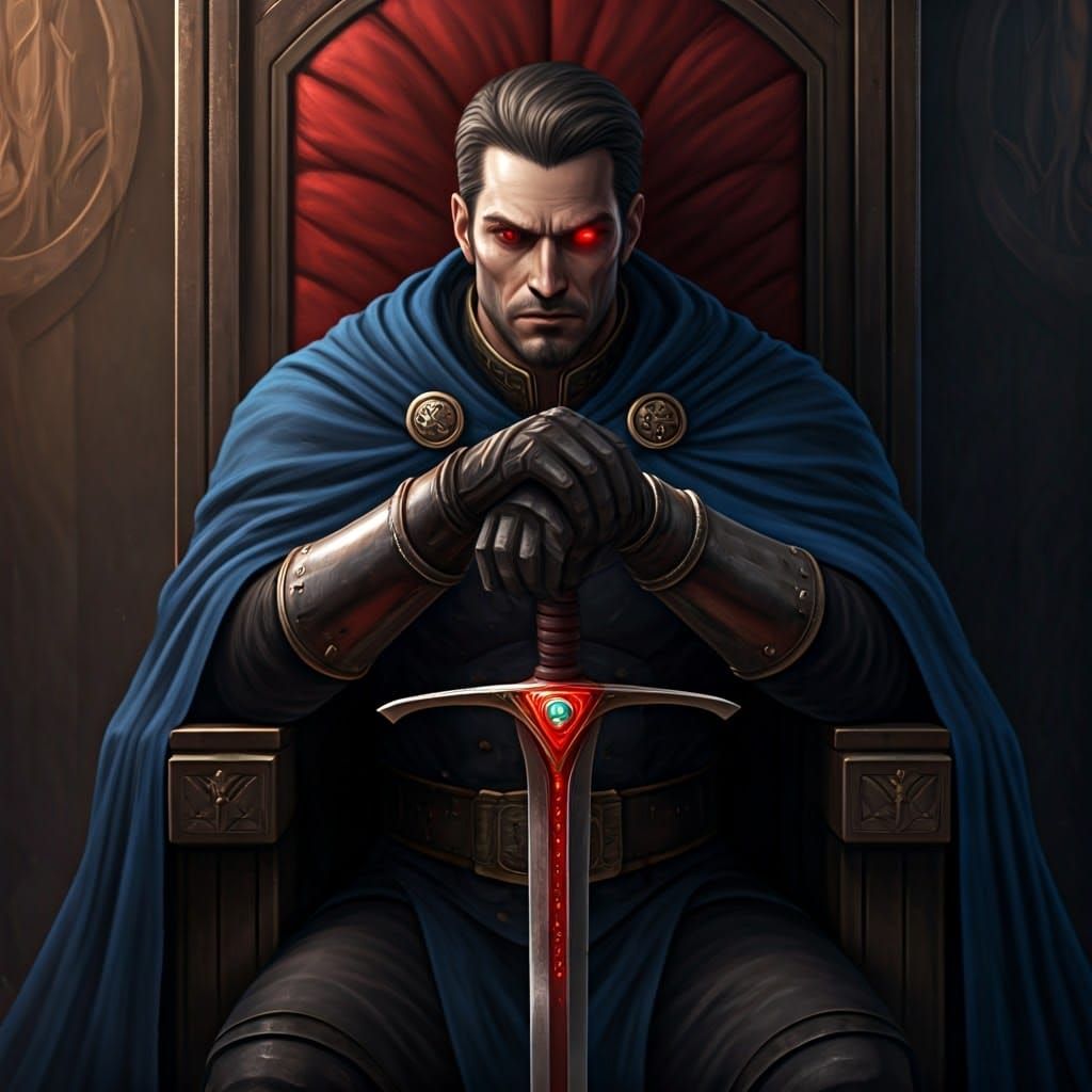 A red-eyed commander wearing a Blue cloak sits on a throne, resting his ...