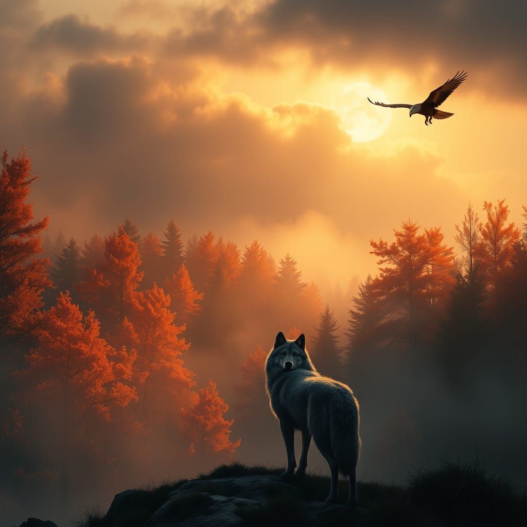 a wolf, a bird of prey, trees at dusk,