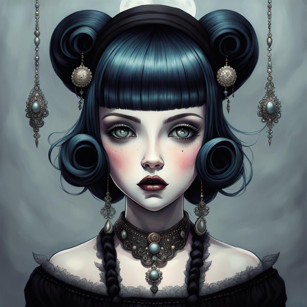 A pouty goth punk girl with freckles in art brut style, detailed ...