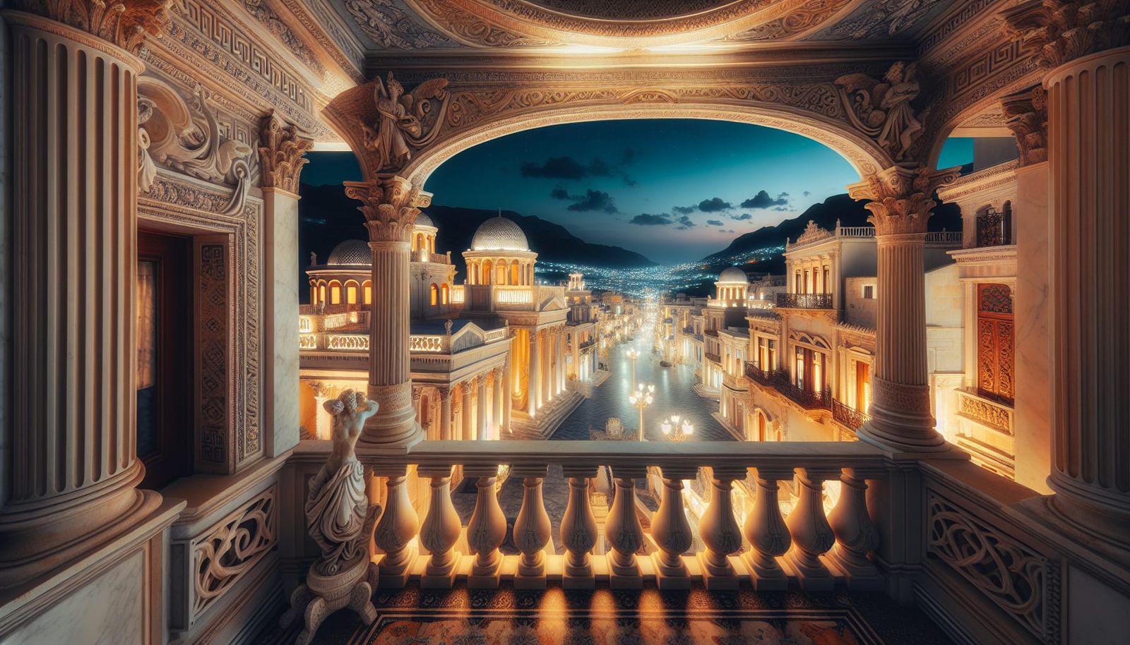 balcony overlooking an opulent marble city of classical greek ...